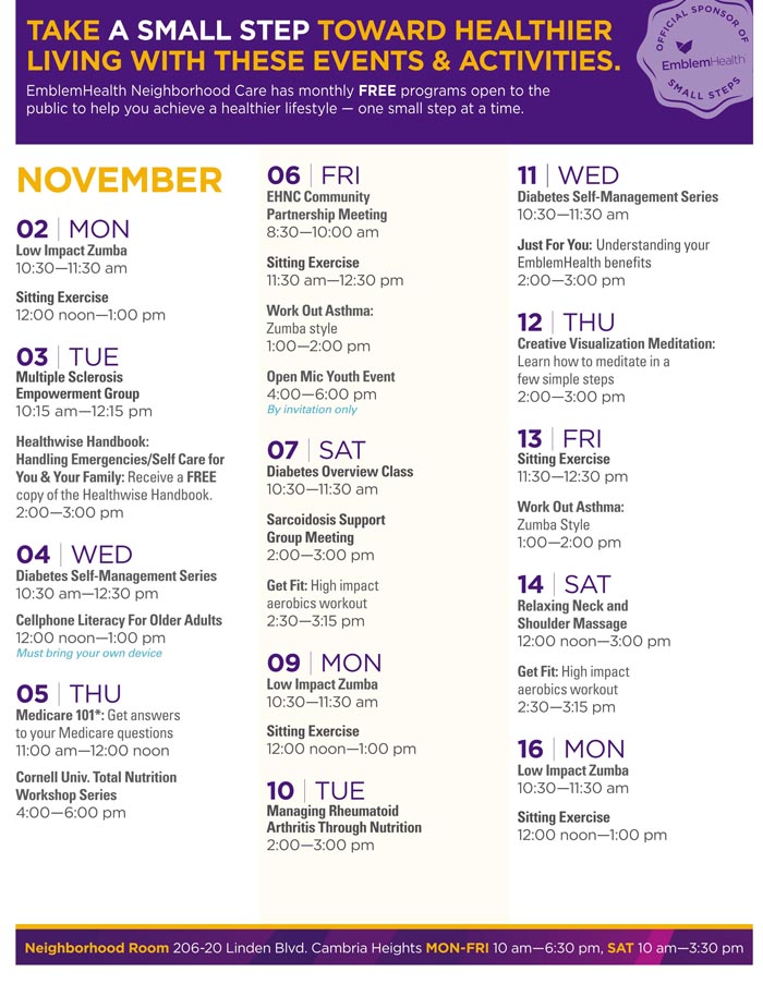 November calendar of free events for EmblemHealth Neighborhood Care ...